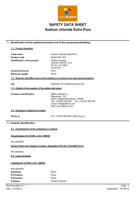 SAFETY DATA SHEET Sodium chloride Extra Pure - Labbox
