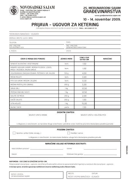 PRIJAVA - UGOVOR ZA KETERING - Novosadski sajam