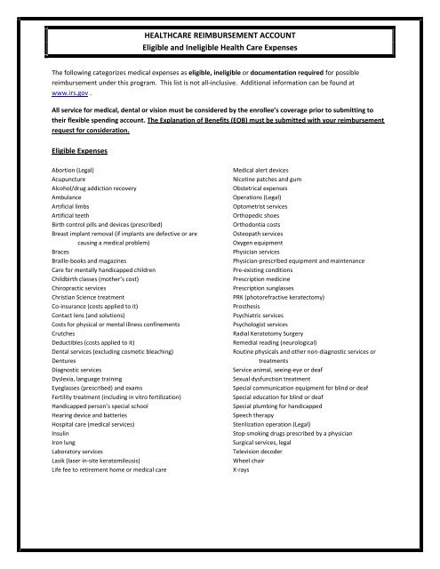 HEALTHCARE REIMBURSEMENT ACCOUNT Eligible And Ineligible