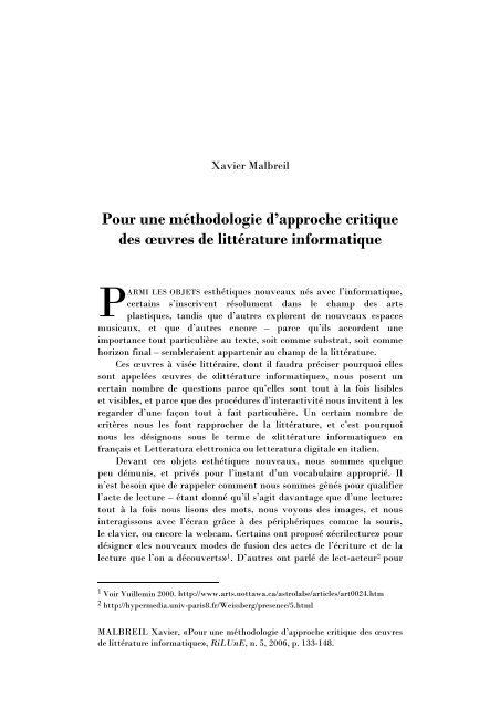 Pour une méthodologie d'approche critique des œuvres ... - RiLUnE