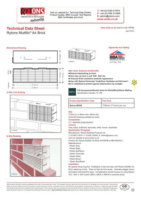 Rytons Multifix® Air Brick - PBM Builders Merchants