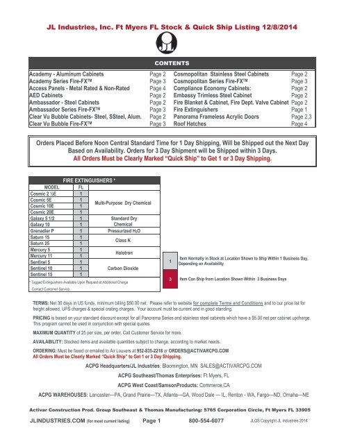 Quick Ship List - Activar Construction Products Group
