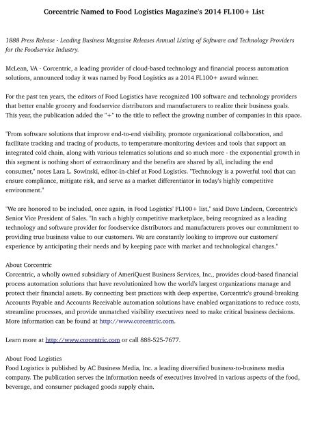 Corcentric Named to Food Logistics Magazine's 2014 FL100+ List