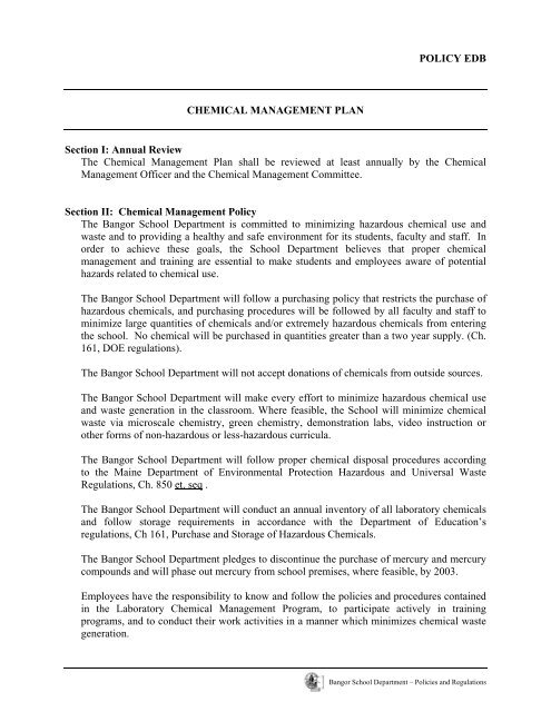 Laboratory Chemical Management Plan - Bangor School System