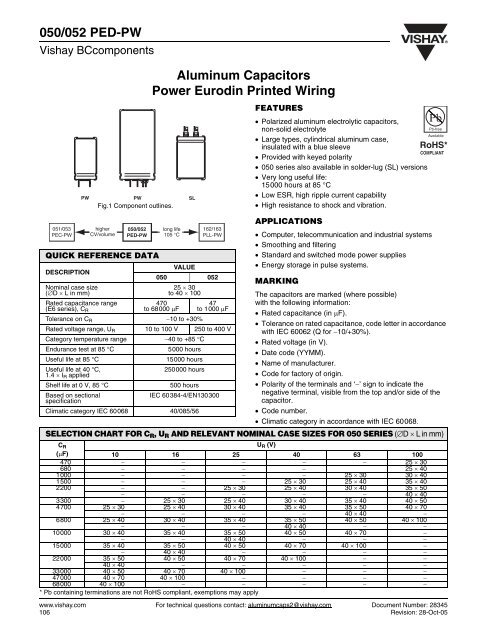 050/052 PED-PW Aluminum Capacitors Power Eurodin Printed Wiring