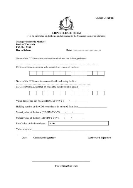 LIEN RELEASE FORM CDS/FORM/06 - Bank of Tanzania