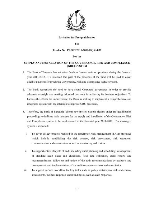 Invitation for Pre-qualification For Tender No: PA ... - Bank of Tanzania