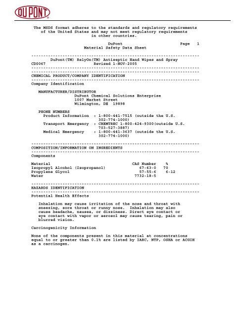 The MSDS format adheres to the standards and ... - Aramsco