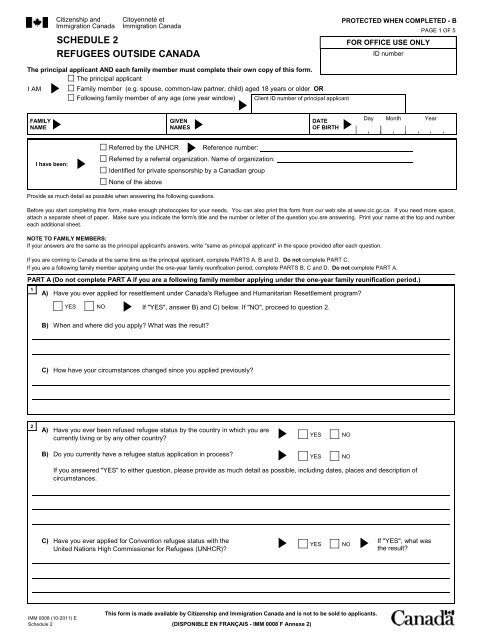 IMM 0008E Schedule 2 : Refugees Outside Canada - HAY DOUN