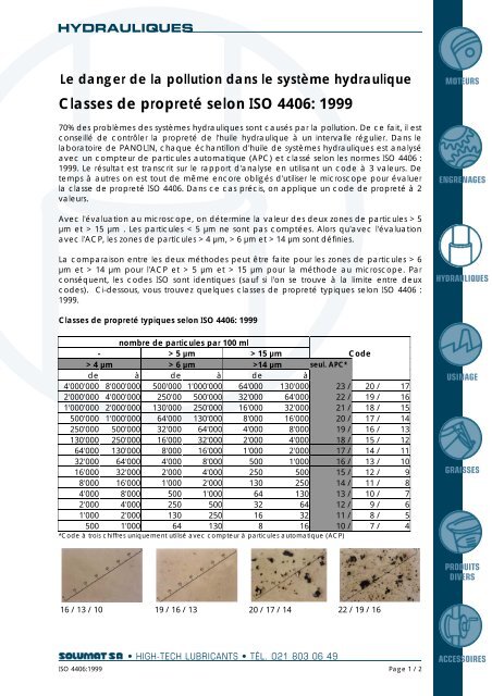 Classes de propreté selon ISO 4406: 1999