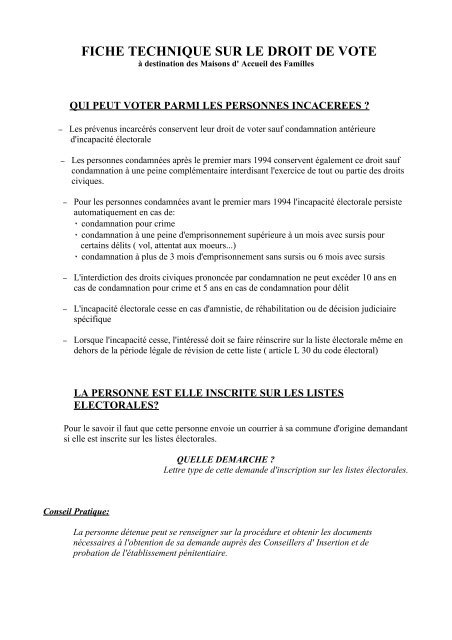 FICHE TECHNIQUE SUR LE DROIT DE VOTE