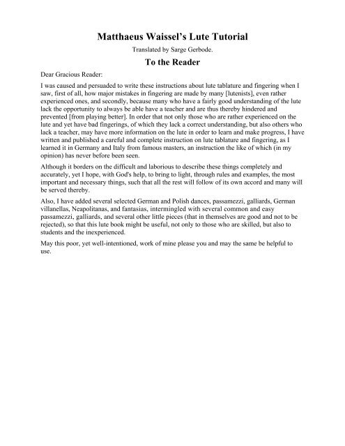 Matthaeus Waissel's Lute Tutorial - Sarge Gerbode's Lute Page