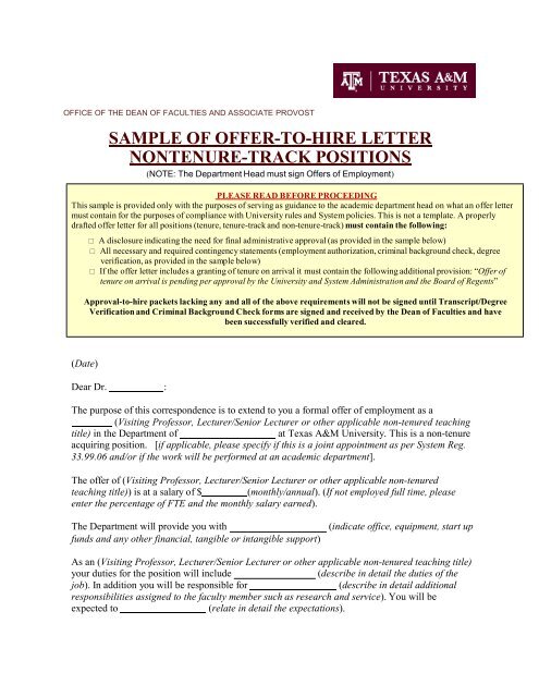 sample of offer-to-hire letter nontenure-track positions (note