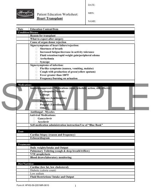 Patient Education Worksheet: Heart Transplant