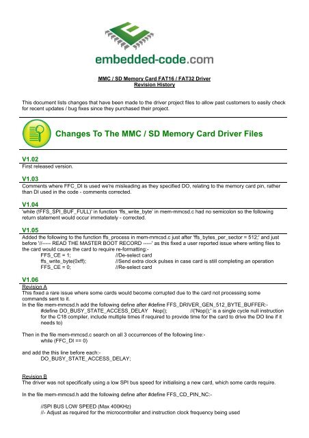 Changes To The MMC / SD Memory Card Driver Files