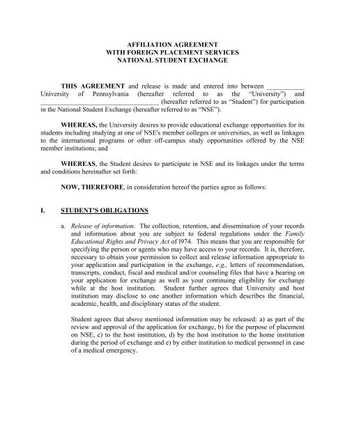 National Student Exchange - Foreign Placement Services Agreement