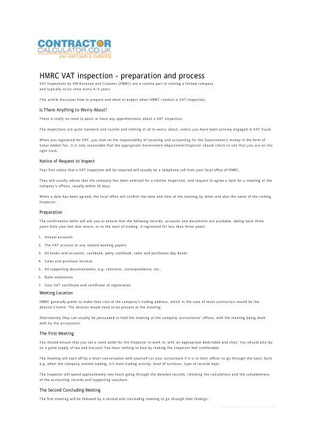 HMRC VAT inspection - preparation and process - Contractor ...