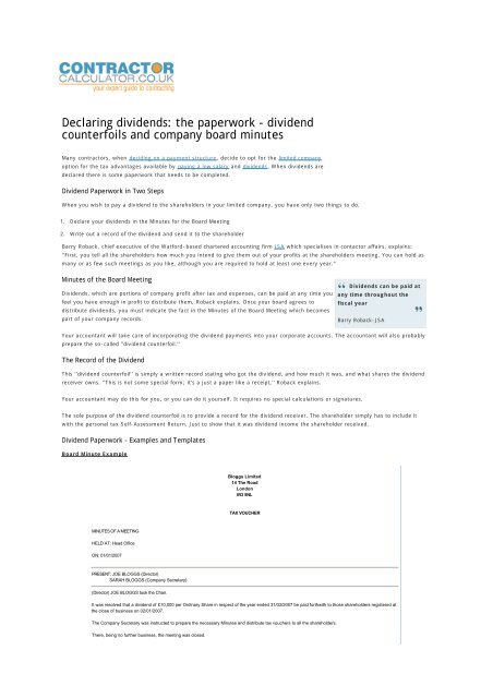 Declaring dividends: the paperwork - dividend counterfoils and ...