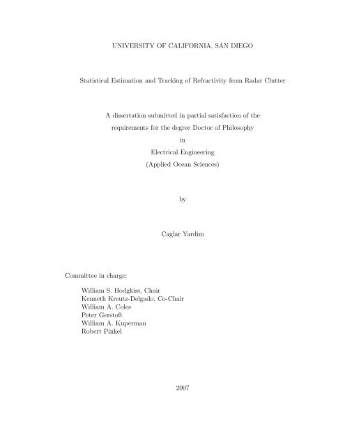 Statistical Estimation and Tracking of Refractivity from Radar Clutter Statistical Estimation and Tracking of Refractivity from Radar Clutter