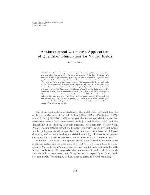 Arithmetic and Geometric Applications of Quantifier Elimination for ...