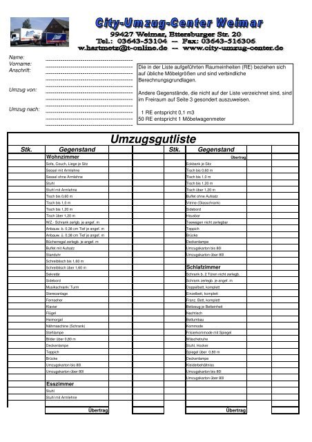 Umzugsgutliste - City-Umzug-Center