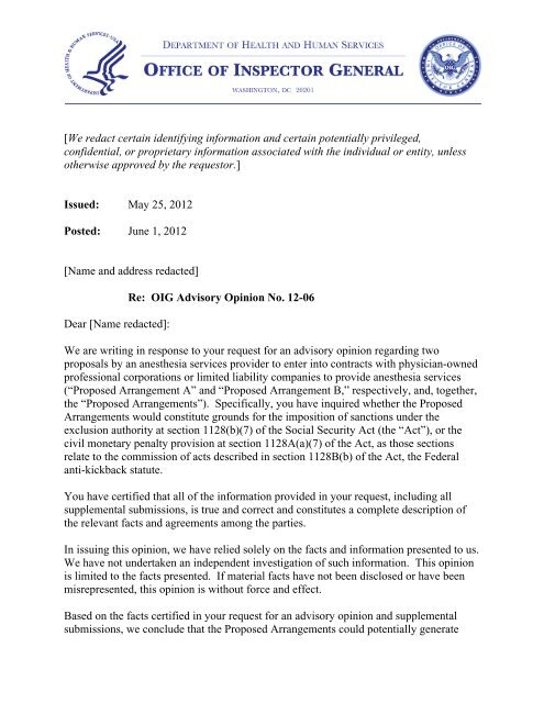 OIG Advisory Opinion No. 12-06 - Office of Inspector General - U.S.