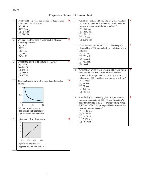 Properties of Gases Test Review Sheet