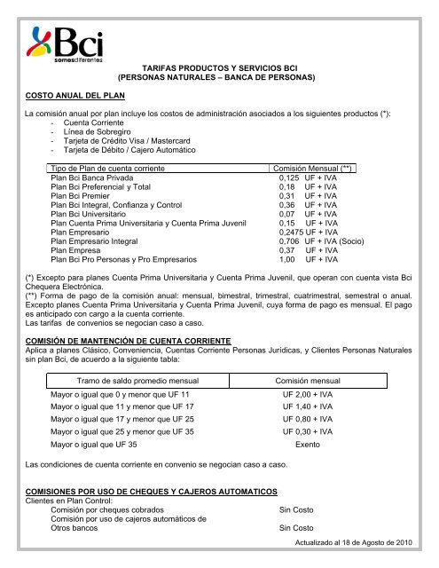 Tarifas Cuenta de Ahorro - Bci