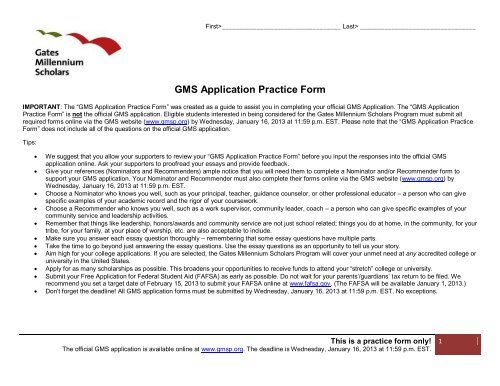 GMS Application Practice Form - The Gates Millennium Scholars