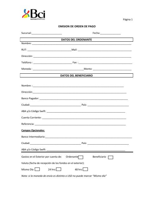Formulario Ã rdenes de Pago - Bci