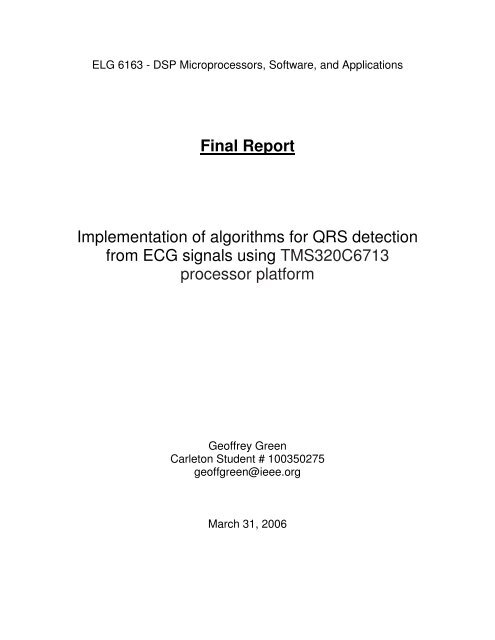 Final Report Implementation Of Algorithms For Qrs Detection Carg