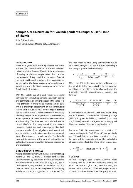 Sample Size Calculation for Two Independent Groups - SingHealth ...