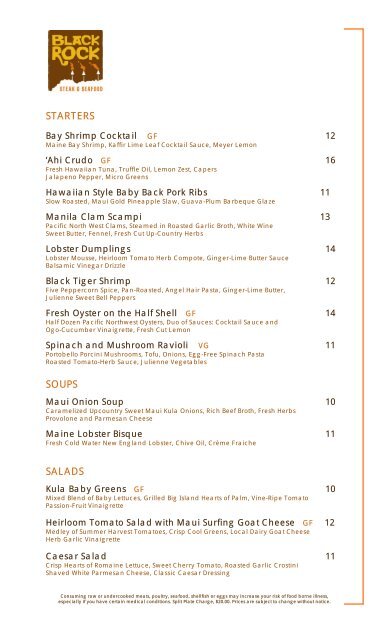 Dinner Menu - Sheraton Maui