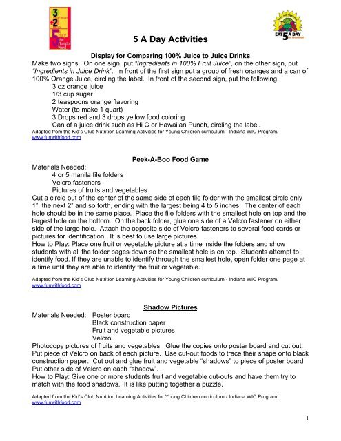 5 A Day Activities for WIC clinics - Wellness Proposals