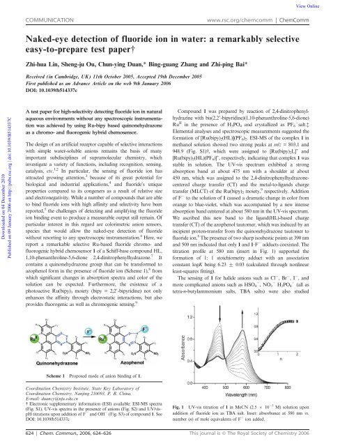 Naked Eye Detection Of Fluoride Ion In Water A Remarkably Selective