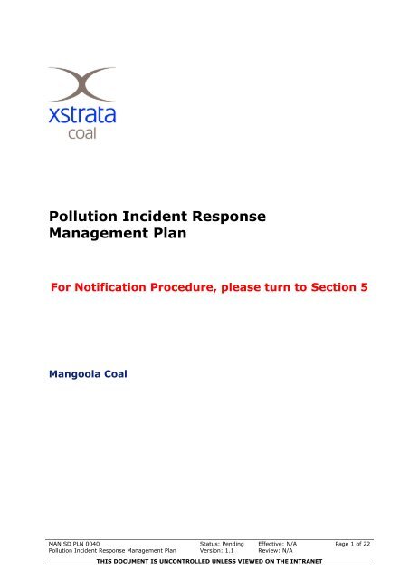 Pollution Incident Response Management Plan - Xstrata Coal ...