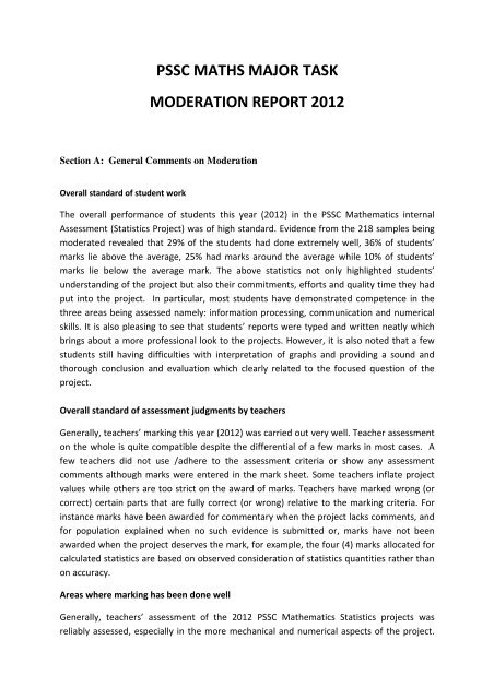 PSSC MATHS MAJOR TASK MODERATION REPORT 2012