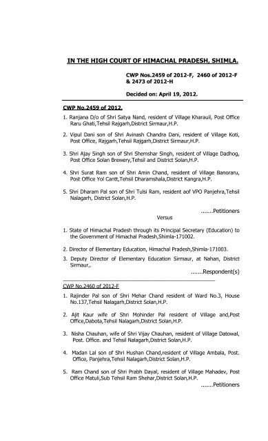 IN THE HIGH COURT OF HIMACHAL PRADESH, SHIMLA.