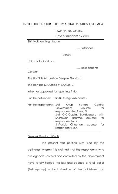 IN THE HIGH COURT OF HIMACHAL PRADESH, SHIMLA