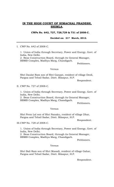 IN THE HIGH COURT OF HIMACHAL PRADESH, SHIMLA.