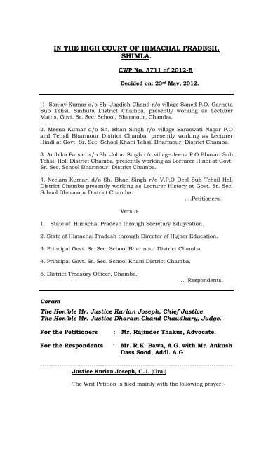 IN THE HIGH COURT OF HIMACHAL PRADESH, SHIMLA.