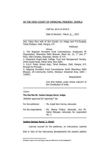 IN THE HIGH COURT OF HIMACHAL PRADESH SHIMLA