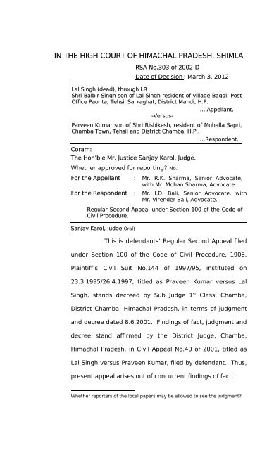 IN THE HIGH COURT OF HIMACHAL PRADESH, SHIMLA