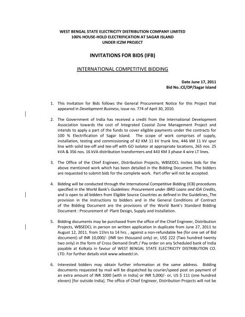 invitations for bids (ifb) international competitive bidding - WBSEDCL