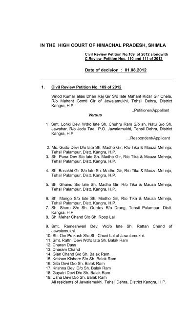 IN THE HIGH COURT OF HIMACHAL PRADESH, SHIMLA