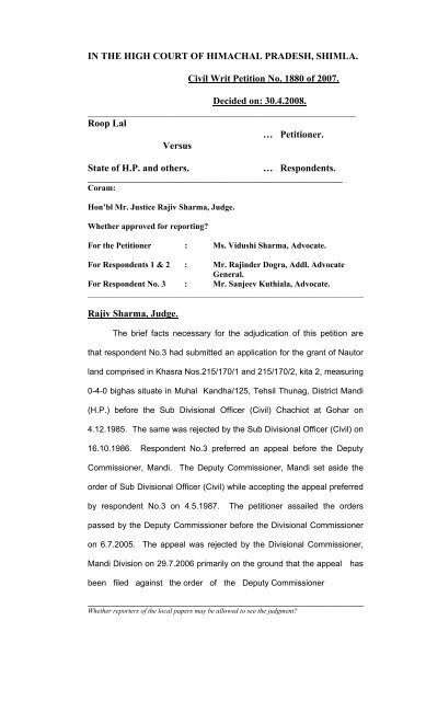 IN THE HIGH COURT OF HIMACHAL PRADESH, SHIMLA. Civil Writ ...