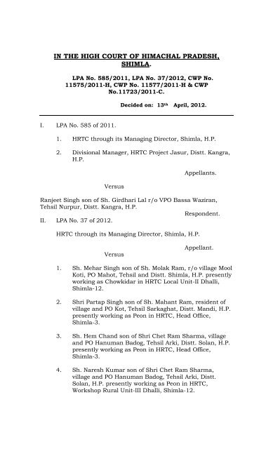 IN THE HIGH COURT OF HIMACHAL PRADESH, SHIMLA.