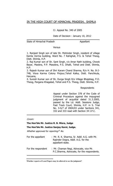 IN THE HIGH COURT OF HIMACHAL PRADESH, SHIMLA