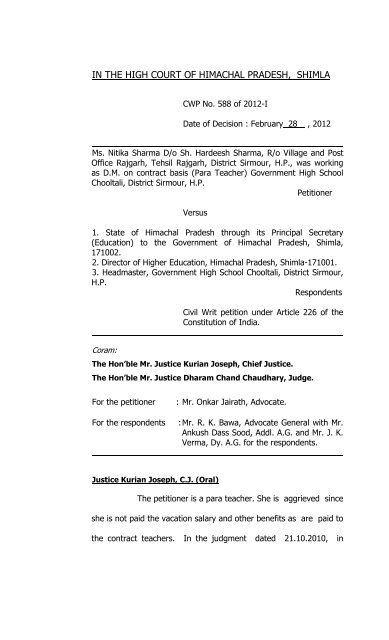 IN THE HIGH COURT OF HIMACHAL PRADESH, SHIMLA