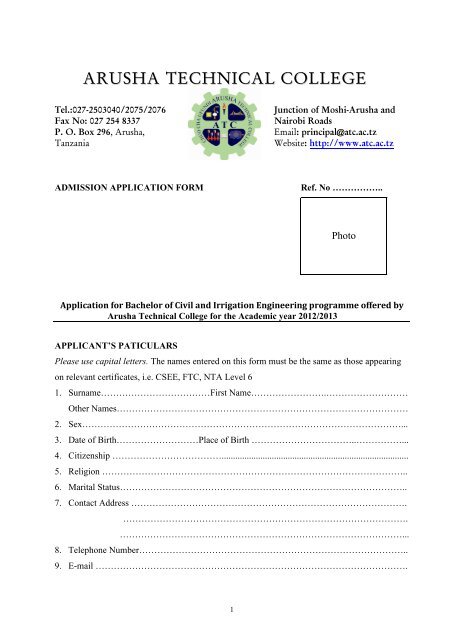 application form-final - Arusha Technical College